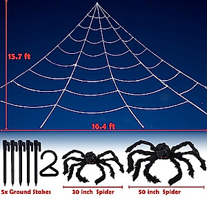 UNGLINGA Giant Spider Web Halloween Decorations Outdoor with 50inch & 30inch Large Spiders, Hanging Mega Huge Spider Web 2 Scary Fake Black Spiders for Yard Garden Outside House Indoor Decor