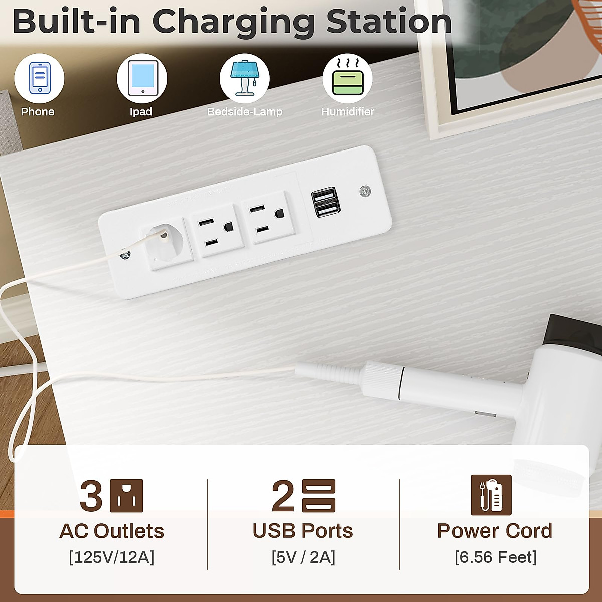 Hasuit 6 Drawer Dresser with LED Lights and Charging Station, Wide Chest of 6 Drawers with Open Space, Modern Large Capacity Storage Cabinet, White Dresser for Bedroom, Living Room, Hallway