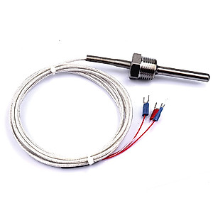 ATOPLEE 1pc Temperature Sensor Probe,Stainless Steel Waterproof Pt100 Ohm Probe Sensor 1/2 inch Thread with Insulation Lead Wire(-50-250°C)