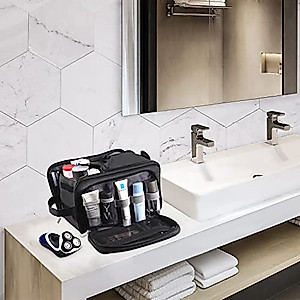 BURUIS Extra Large Toiletry Bag for Men, Travel Toiletry Organizer Dopp Kit Water-resistant Shaving Bag, PU Leather Cosmetic Organizer Bathroom Shower Bag for Toiletries, Grooming, Accessories (Black)