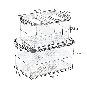 REFSAVER Produce Container Bins for Refrigerator Fruit Storgae Container with Foldable Lid Fridge Produce Saver with Removable Drain Tray Vegetable Baskets for Kitchen
