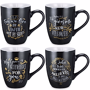 Jinei 4 Pieces Christian Coffee Mugs Religious Inspirational Coffee Mugs Set Stoneware Mugs for Men Women Black Bible Verse Mug Motivational Christmas Christian Encouragement Gifts, 12 oz