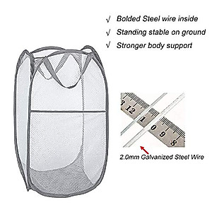 Larpur Popup Mesh Laundry Basket, Collapsible Laundry Hamper Portable Clothes Washing Laundry Hamper with Reinforced Carry Handles for Home, Dormitories, Travel, Apartments (Grey)