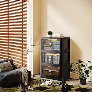 SAILUN Stackable Storage Bins Folding Collapsible Storage Bins with Lid, Closet Organizers and Storage, Storage Box with Door Black (26" W x 17" D x 43.7" H)