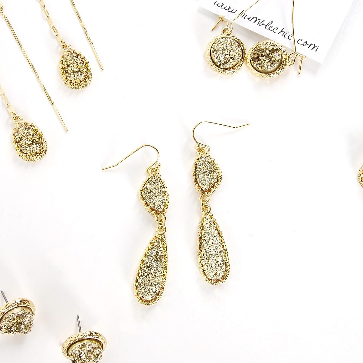 Humble Chic Simulated Druzy Drop Dangles - Long Double Teardrop Dangly Earrings for Women, Gold - Gold Stone