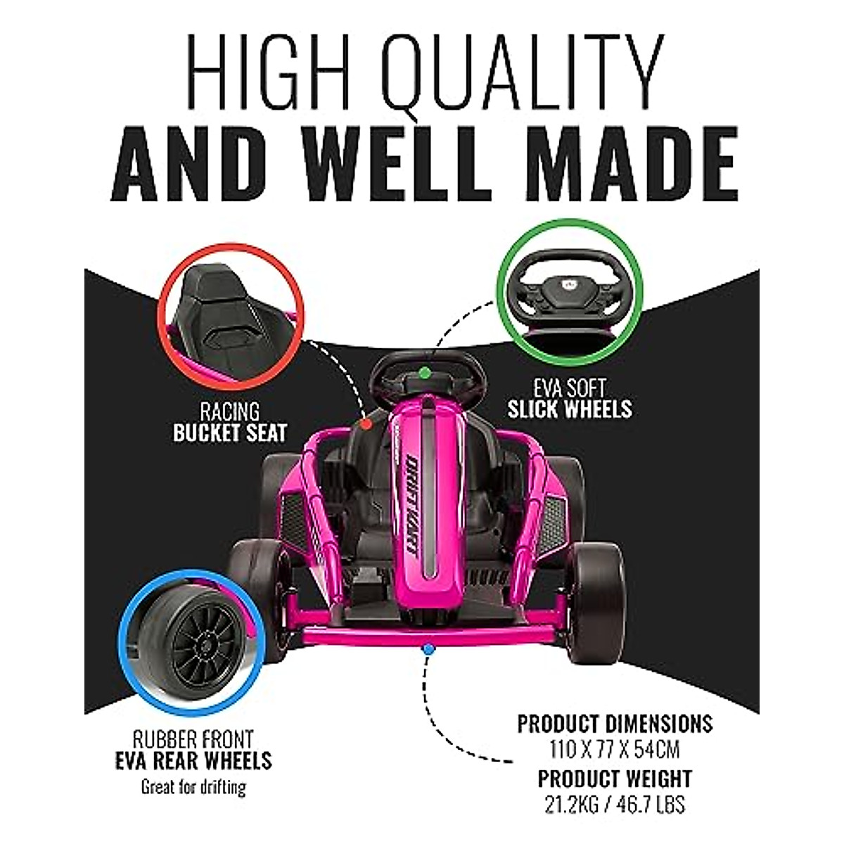 Hyper 24V Ride-On Electric Go Kart for Kids 8-14 Years, 3-Speed Setting with Drift Kart Mode, Foot Accelerated Pedal, Up to 9MPH Speed, 154 Lbs Max Weight, Ergonomic Seat & Sturdy Steel Frame, Pink