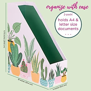 Steel Mill & Co Cute Magazine Holder Set of 2, Vertical File Organizer, File Folder and Paper Holder, Desk Accessories & Workspace Organizers for Home or Office, Succulent
