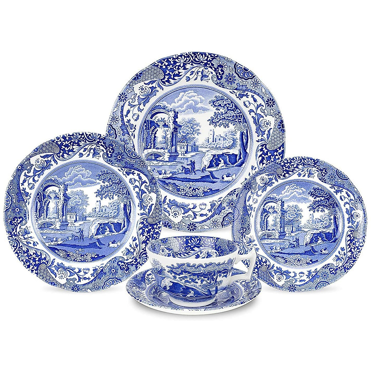 Spode Blue Italian 5-Piece Place Setting | Dinner Plate, Salad Plate, Bread & Butter Plate, Teacup and Saucer | Dishwasher Safe | Made in England from Fine Earthenware