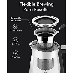 LONGDEEM Electric Glass Tea Kettle with Infuser, 1.7L Fast Boiling, Stainless Steel, Temperature Control Tea Maker, Non-BPA - Easy Lid Removal & Keep Warm Feature, White