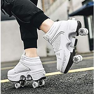 Double-Row Deform Wheel Automatic Walking Shoes Invisible Deformation Roller Skate 2 in 1 Removable Pulley Skates Skating Rollerskates Outdoor Parkour Shoes with Wheels for Girls Boys,White high,US 6
