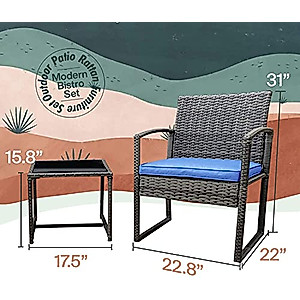 Pyramid Home Decor Black Wicker Furniture - 3 Piece Bistro Set for Outdoor Conversation - 2 Cushioned Rattan Chairs with Glass Coffee Table for Patio, Lawn, Porch, Lounge, Deck, Balcony & Living Room