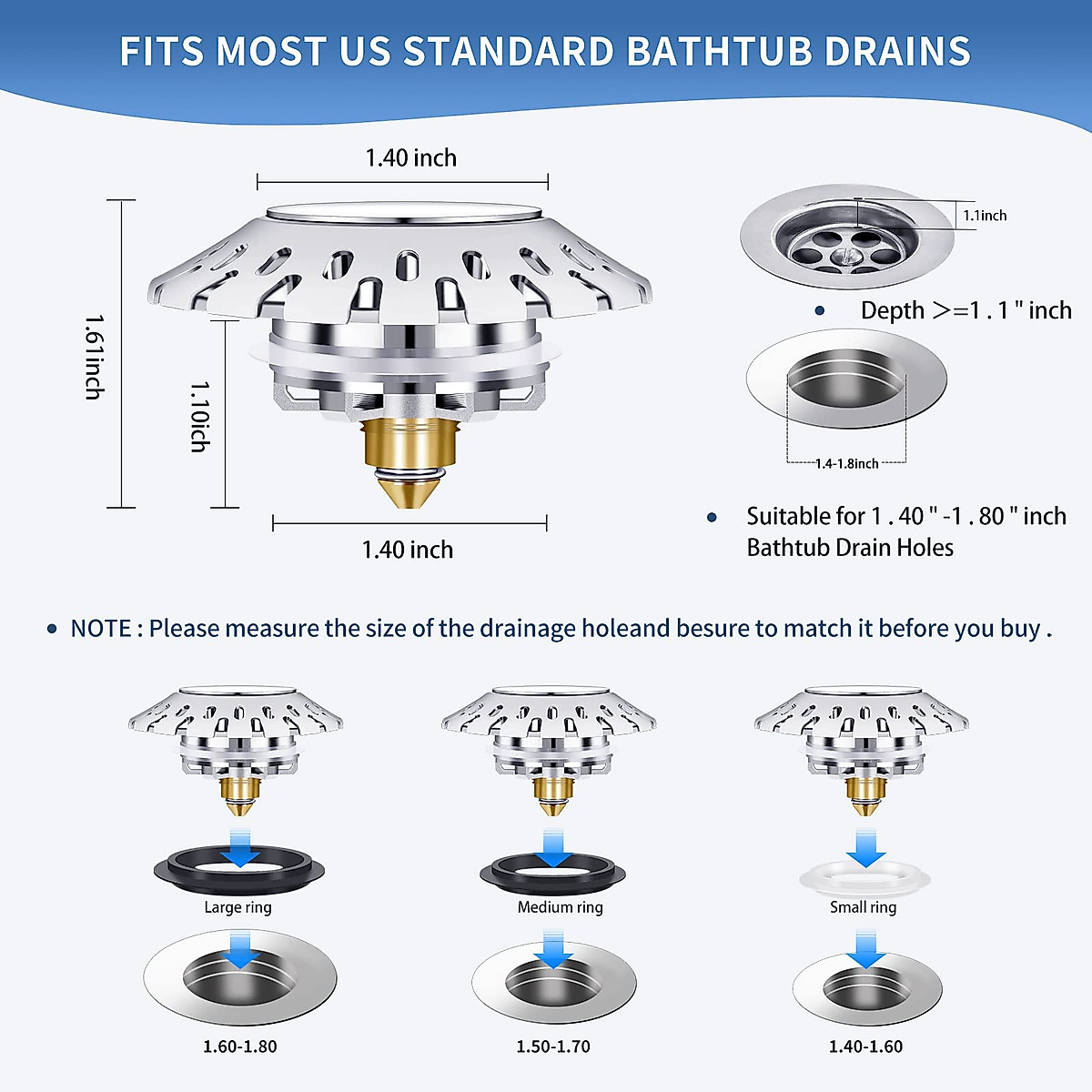 Universal Bathtub Stopper Tub Drain with Hair Catcher,2 in 1 Pop Up Bath Tub Drain Plug and Cover | Anti-Clog Bathtub Drain Cover | Drain Filter Jugs for US Standard 1.40"-1.80" Drain Hole