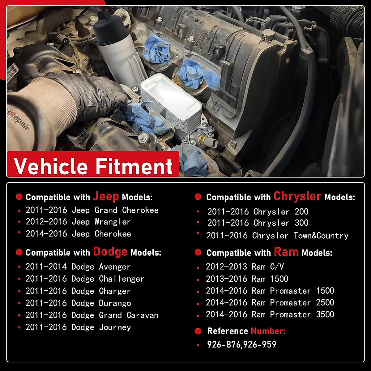 HRepair 926-959 926-876 Engine Oil Cooler 3.6 Oil Filter Housing Assembly, Oil Cooler Housing For Jeep Wrangler Cherokee Dodge Charger Journey Challenger Chrysler 200 300 Town & Country