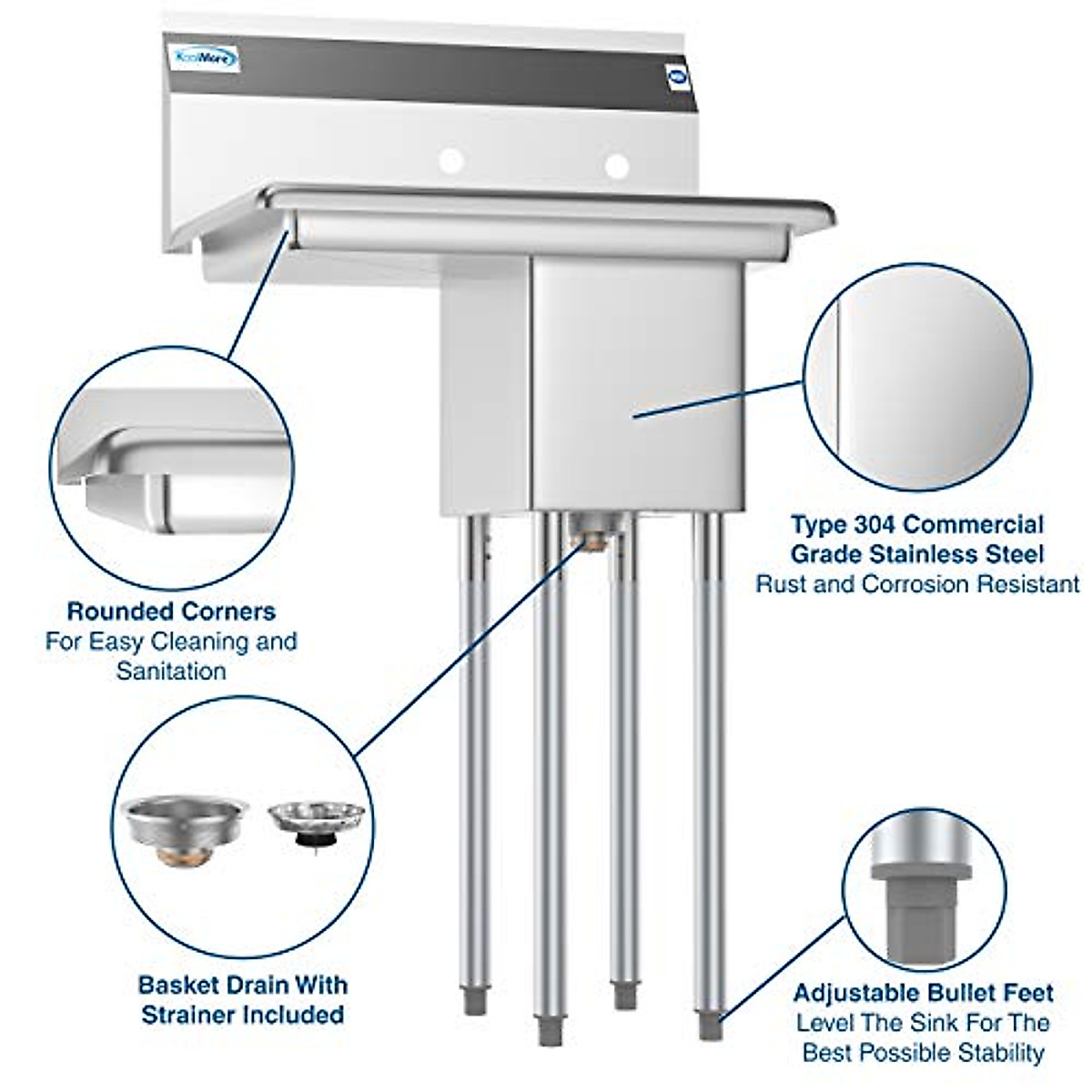 KoolMore 1 Compartment Stainless Steel Commercial Kitchen Prep & Utility Sink with Drainboard - Bowl Size 10" x 14" x 10", Silver, SA101410-12L3
