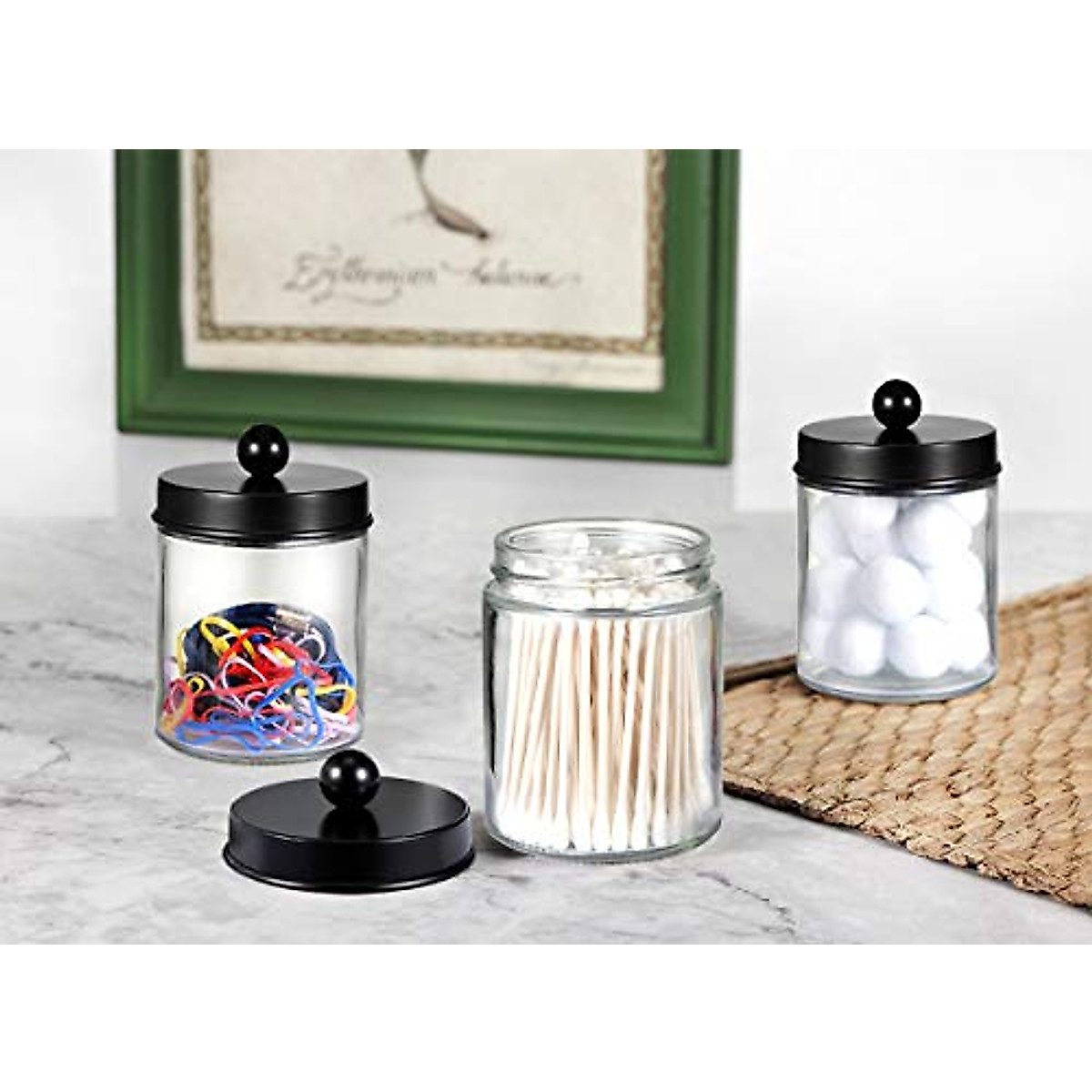 4 Pack Apothecary Jars Bathroom Vanity Storage Organizer Set -Countertop Canister with Stainless Steel Lids &Cute Stickers - Qtip Dispenser Holder for Qtips,Cotton Swabs,Makeup Sponges(Black)