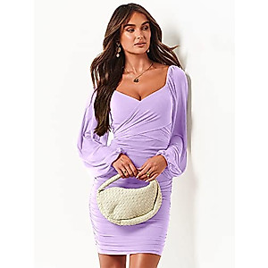 ANRABESS Women's Sexy V Neck Ruched Bodycon Mini Dress Puff Long Sleeve Cocktail Wedding Party Short Dresses 955danzi-S Purple