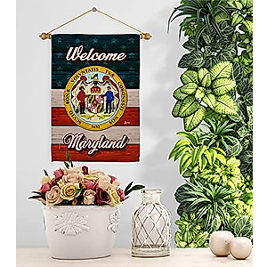 Welcome Maryland Garden Flag - Set Wood Dowel Americana States USA American Territories Republic Country Particular Area - House Decoration Banner Small Yard Gift Double-Sided Made in 13 X 18.5