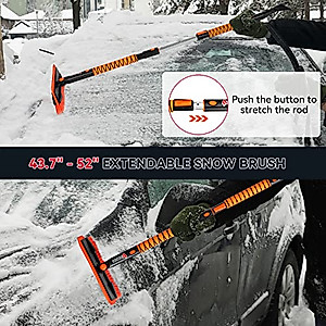 Andeman 52" Extendable Snow Brush and Ice Scraper Car Windshield, Foam Grip, 180° Pivoting Brush Head, Ice and Snow Remover for Cars Trucks RV SUV, House Window and Roof