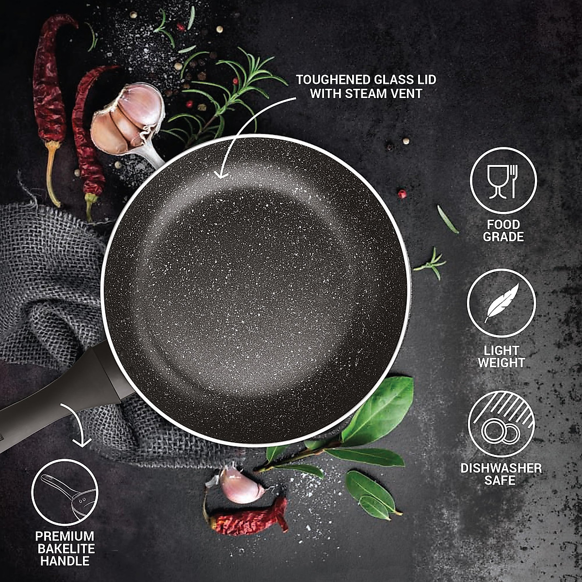 Milton Nonstick frying pan 9.4 inch. Large pan for egg omelette, pancake. Flat bottom Stir fry skillet for electric induction cookware. Dishwasher & Oven safe (Aluminium) Black