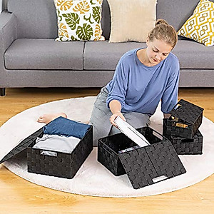 VK Living Storage Baskets Woven Basket Bin Container Tote Cube Organizer Set Stackable Storage Basket Woven Strap Shelf Organizer Built-In Carry Handles (Lid Bins - 4 Pack, Black)