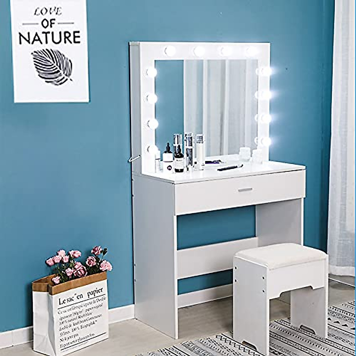 TEEGUI Vanity Set with Lighted Mirror, Makeup Vanity Dressing Table Dresser Desk Chair with Large Drawer for Bedroom, White Bedroom Furniture(12 Cool LED Bulbs) [US Shipping]