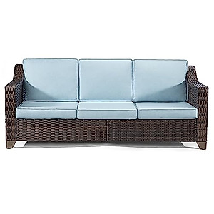 MeetLeisure 77'' Patio Sofa, All Weather Outdoor Rattan Wicker 3-Seat Sofa High Back Couch with Premium Cushions for Garden Backyard Porch(Brown/Azure)