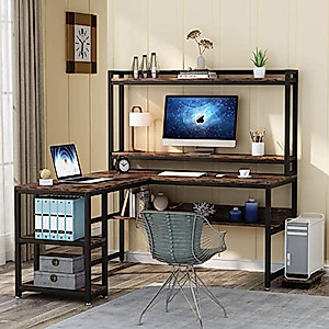 Tribesigns L-Shaped Desk with Hutch and Storage Shelves, 59 Inch Corner Computer Office Desk Gaming Table Workstation with Bookshelf and Monitor Stand for Home Office (Rustic Brown)
