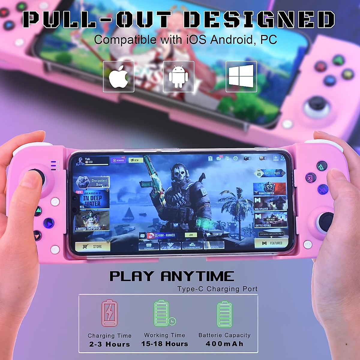 Megadream Mobile Game Controller Gamepad for iPhone iOS Android PC: Works with iPhone 15/14/13/12/11/X, iPad, Samsung Galaxy, TCL, Tablet, Call of Duty, Roblox - Directly Play (Pink)