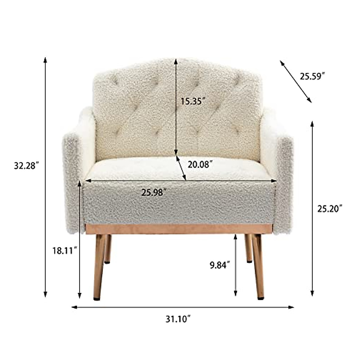 KINFFICT Modern Accent Chair, Upholstered Single Sofa Arm Chair for Living Room and Bedroom, Comfy Armchair with Solid Tapered Metal Legs, White