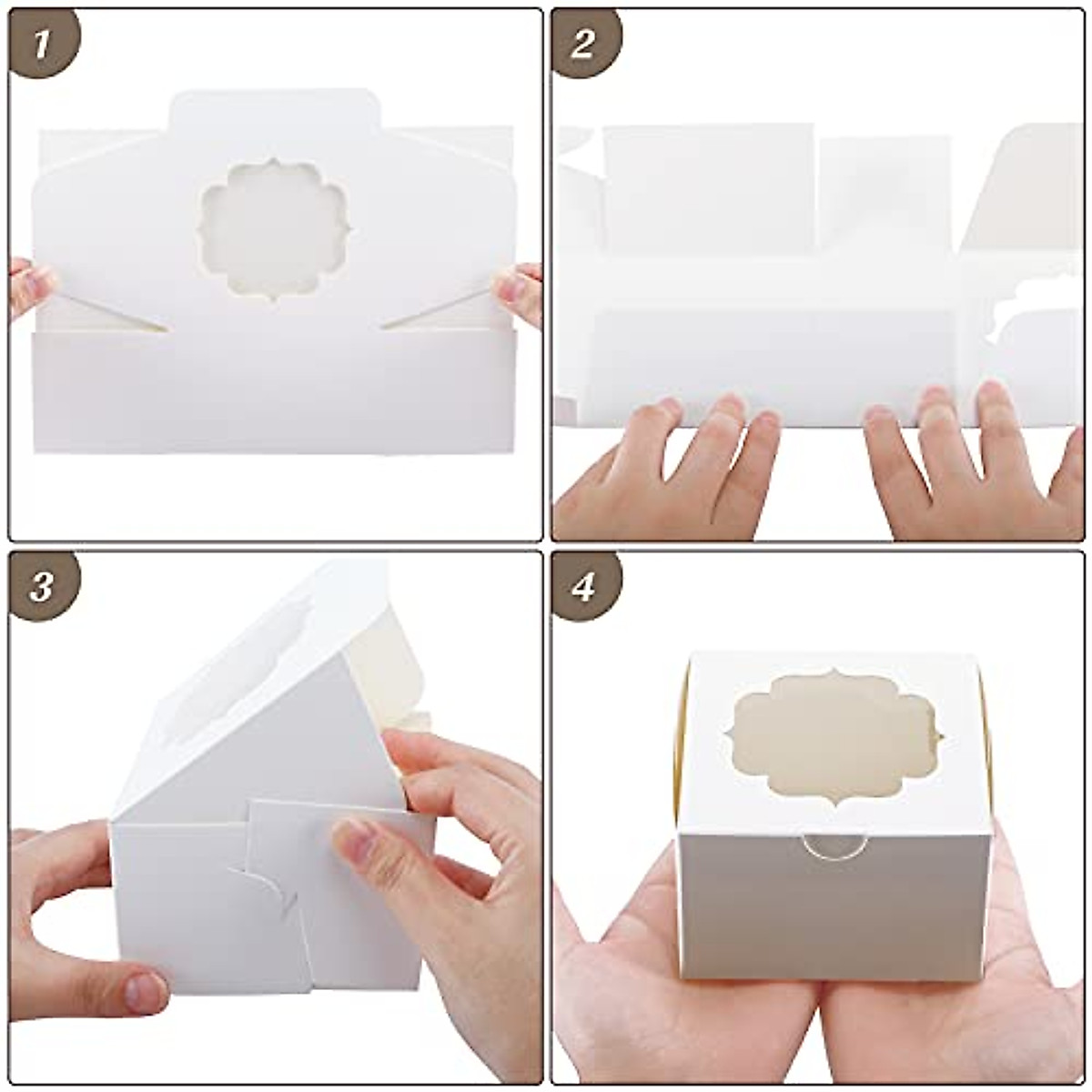TOMNK 100pcs 4 Inches White Bakery Boxes Cookie Boxes Kraft Baking Box with Window for Cupcakes Candy Chocolate Strawberries Muffins Donuts and Party Favor 4x4x2.5 Inches