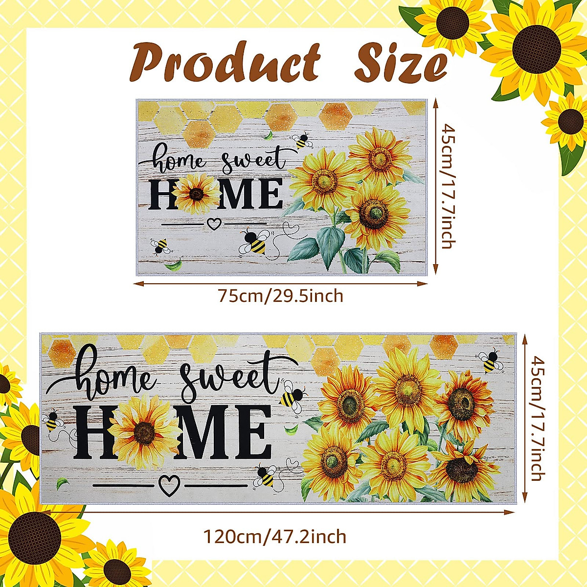 2 Pieces Sunflower Kitchen Rugs Set Kitchen Mats Non Slip Rubber Backing Area Sunflower Rug Home Sweet Home Doormat Washable Indoor Outdoor Floor Mats Country Kitchen Decor, 17'' x 30'', 17'' x 47''