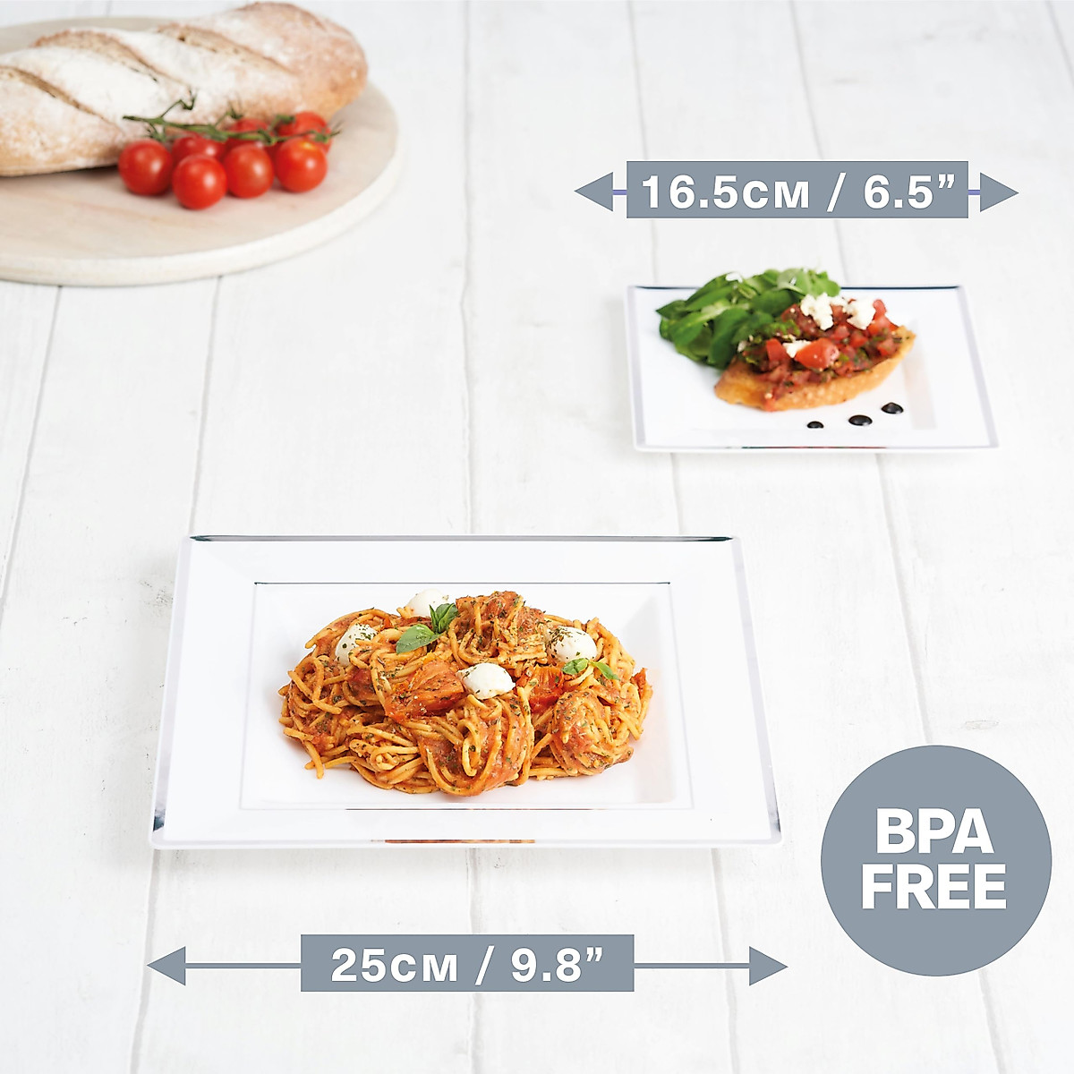 MATANA 40 Fancy White Plastic Plates for Party with Silver Rim - Heavy Duty Square Dinner Plates 9.5" Inch x 20, Salad & Dessert Plates 6.5" Inch x 20 for Wedding Reception, Birthday Parties & Events