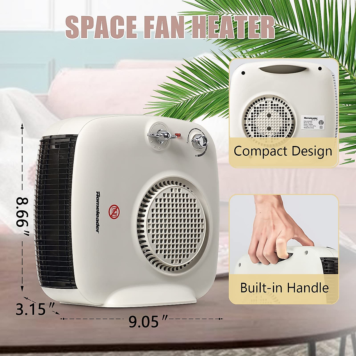 Portable Fan Heater, Homeleader 750W/1500W Electric Space Heater with Adjustable Thermostat, Room Heater for Home Office Q7