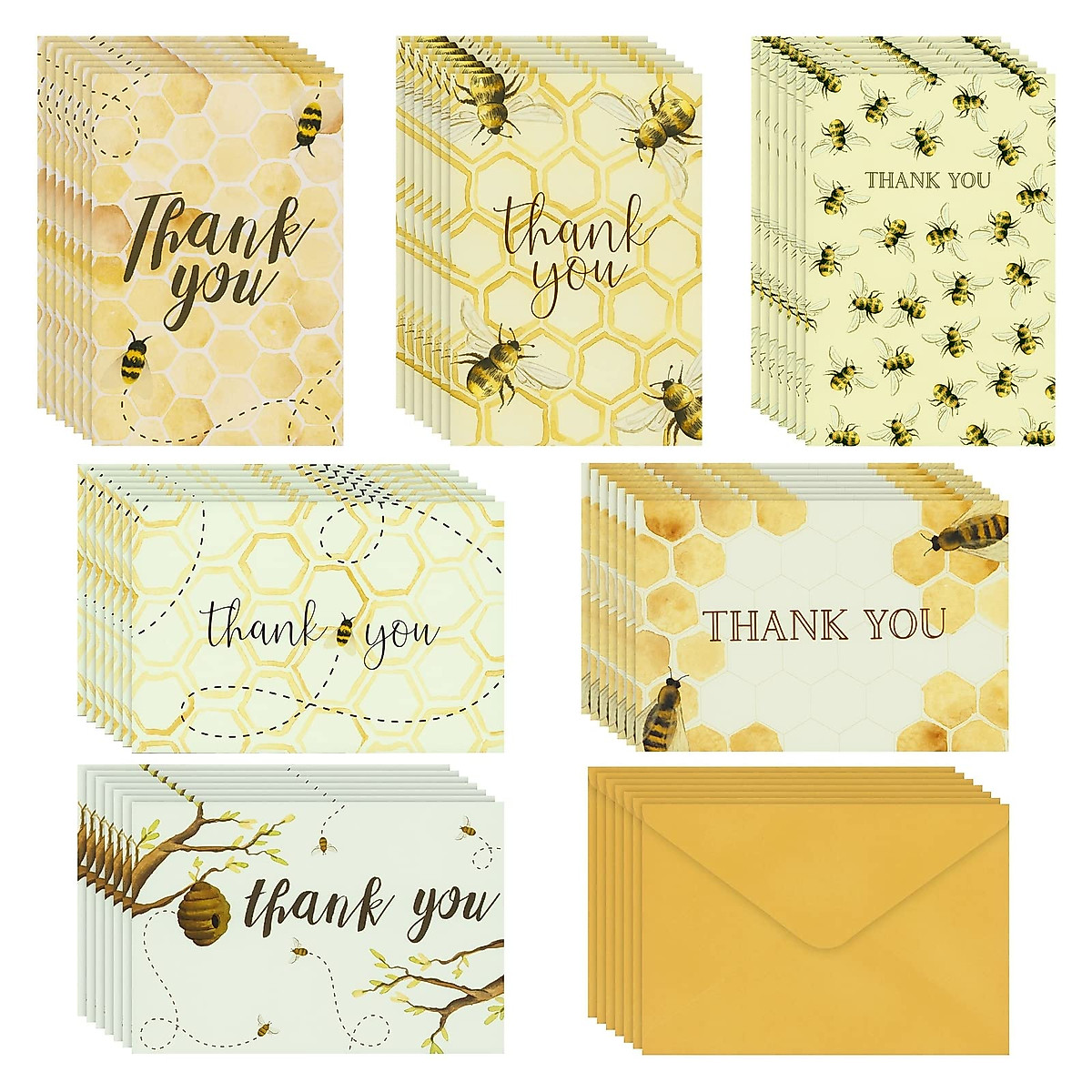 Pipilo Press 48 Pack Bee Thank you Cards Bulk, Bumblebee Honeycomb Design with Yellow Envelopes for Baby Shower, Birthdays (4x6 In)