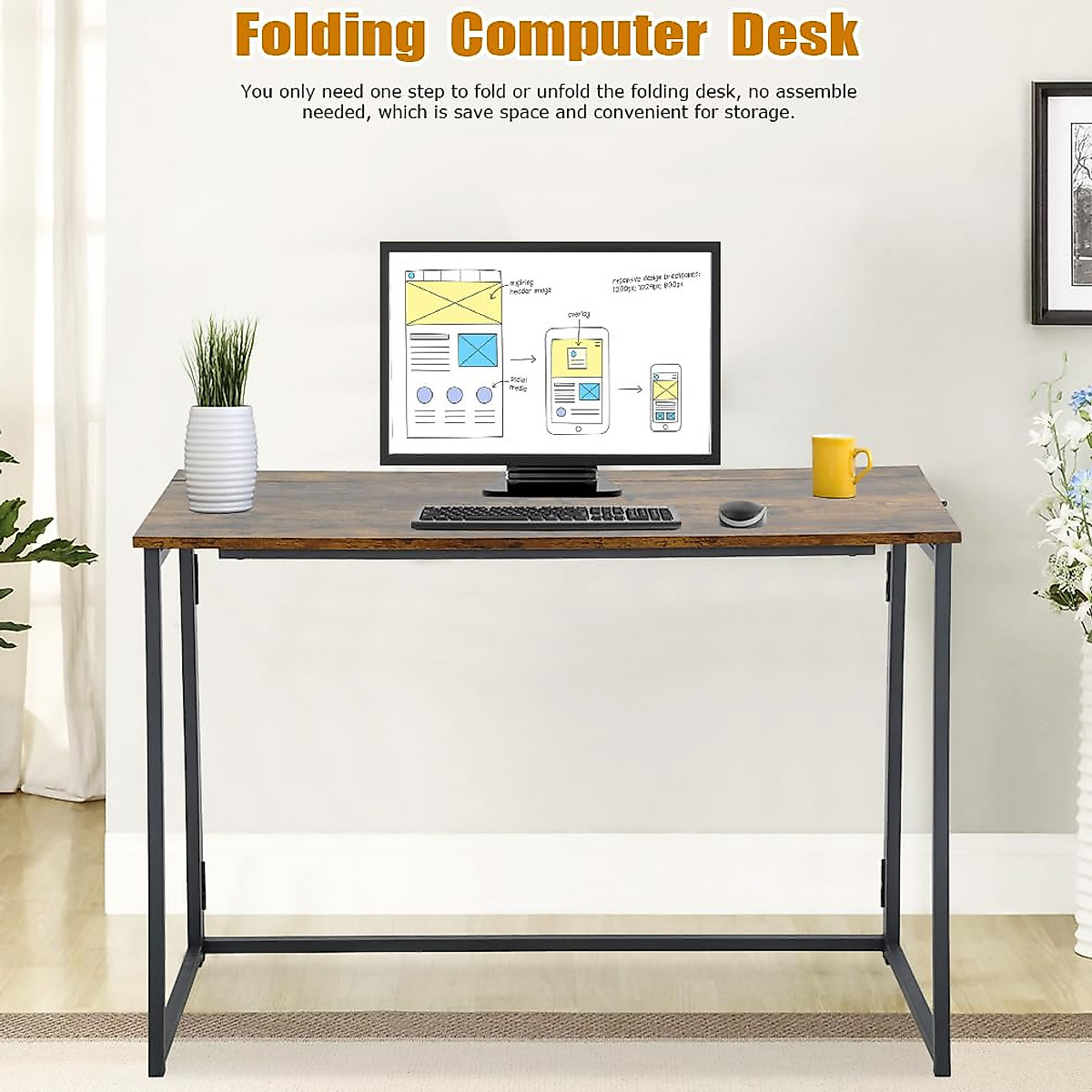 PayLessHere 42 Inch Folding Desk, Foldable Computer Desk for Small Spaces,Space Saving Computer Table Writing Workstation for Home Office,Easy Assembly,Vintage