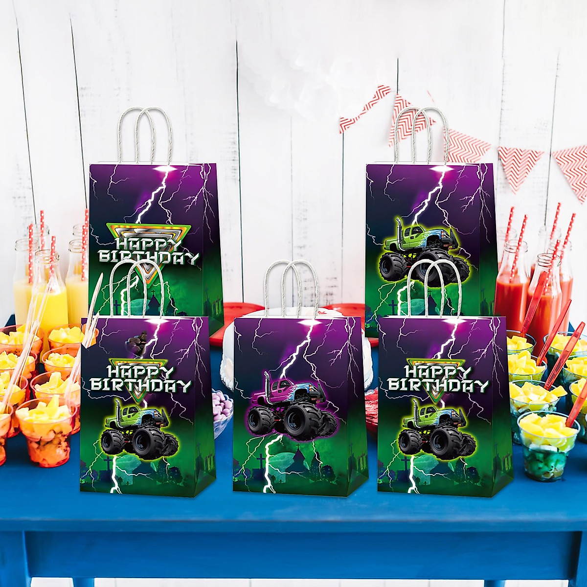 CHUNNIN 12Pcs Green Purple Monster Truck Party Paper Bags Monster Truck Birthday Gift Bags Supplies Racing Truck Theme Party Bags Monster Truck Party Candy Treat Bags for Kids Birthday Party Favor