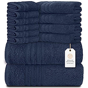 White Classic 12 Piece Bath Towel Set for Bathroom - Wealuxe Collection 2 Bath Towels, 4 Hand Towels, 6 Washcloths 100% Cotton Soft and Plush Highly Absorbent, Soft Towel for Hotel & Spa - Navy