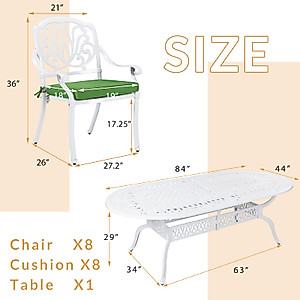 W WARMHOL 9-Piece Patio Dining Set, Outdoor Patio Table and Chair Set of 84” Oval Cast Aluminum Dining Table with Umbrella Hole and 8 Outdoor Dining Cushion Chairs, Patio Funiture Set, White
