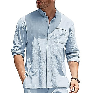 COOFANDY Men Beach Shirts Long Sleeve Linen Button Down Mandarin Collar Vacation Shirts Sky Blue