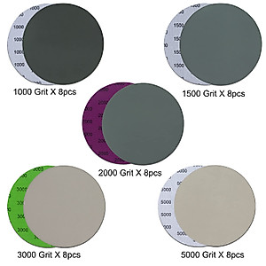6 Inch (150mm) Wet Dry Sanding Discs Assorted Grit 1000/1500/2000/3000/5000 with Interface Pad High Performance Waterproof Hook & Loop Sandpaper Silicon Carbide for Sanding Grinder Polishing, 40 Pack