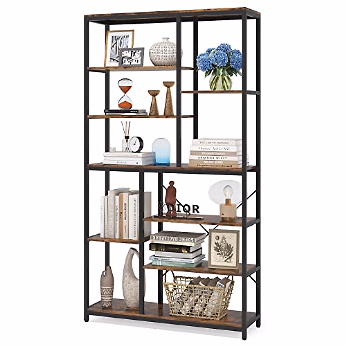 Tribesigns 79 inches Tall Bookshelf Bookcase, 8-Tier Staggered Bookcase, Modern Freestanding Open Book Shelves, Wide Wood Etagere Shelving Unit Display Shelf for Living Room (Black&Rustic)