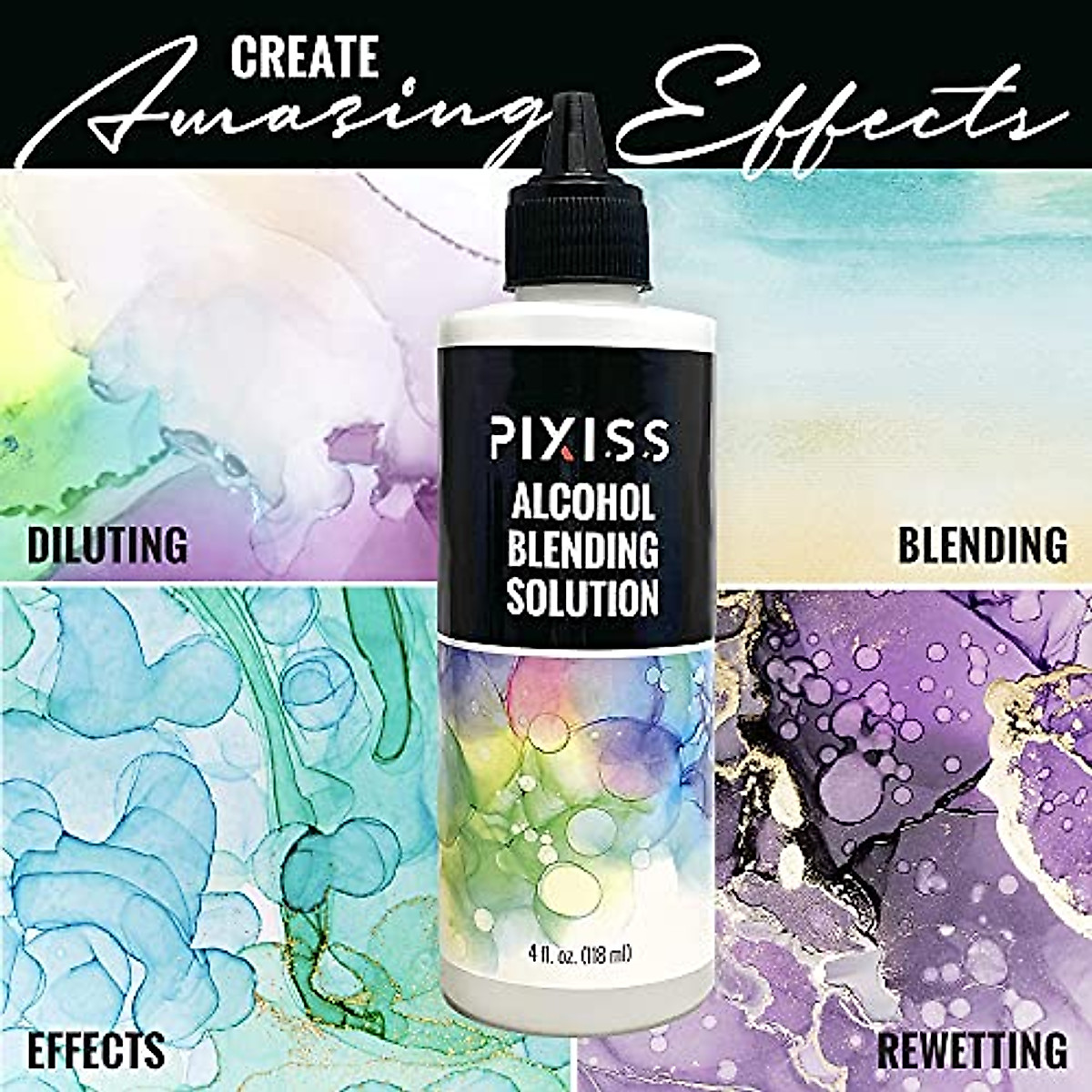Pixiss Alcohol Ink Set - 25 Large Highly Saturated Colors - (15ml/.5oz), Pixiss 4oz Alcohol Blending Solution