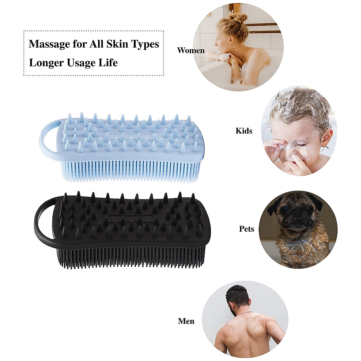 2 PC Silicone Exfoliating Body Scrubber, 2 in 1 Silicone Body Shampoo Brush, Soft Silicone Loofah for Sensitive Skin, Shower Silicone Hair Scalp Massager, Easy to Clean, Lather Well (Blue&Black)