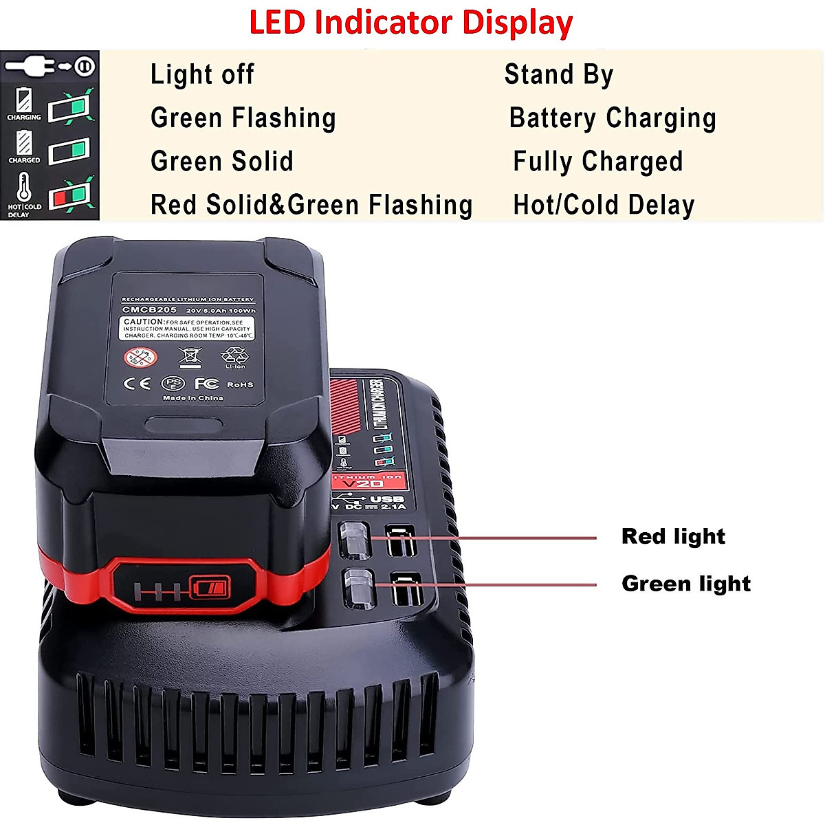 CMCB124 Dual Port V20 Battery Fast Charger Replacement for Craftsman 20V MAX V20 Battery Lithium CMCB202 CMCB201 CMCB209 CMCB205 CMCB100 CMCB102 CMCB101