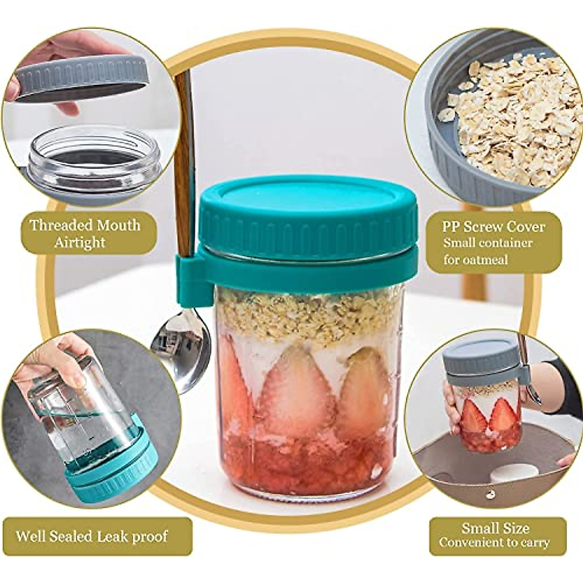 KesaPlan Overnight Oats Containers with Lid and Spoon Set of 2, 10 oz Large Airtight Capacity Overnight Oats Jars with Measurement Marks, Reusable On The Go Cups for Salads Yogurt Cereal Milk