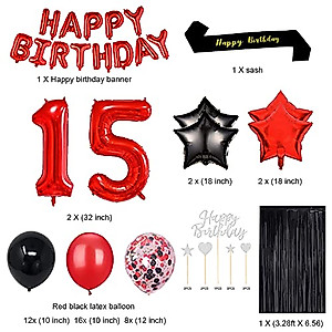 Fancypartyshop 15TH Birthday Party Decorations Supplies Red Black Later Balloons Happy Birthday Cake Topper Sash Foil Black Curtains Foil Star Balloons Number Red 15