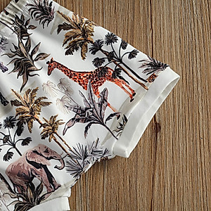 Toddler Baby Boys Summer Clothing Sets Forest Animal Print Romper Short Sleeve Bodysuit Tops and Shorts 2PCS Outfit (White, 12-18M)