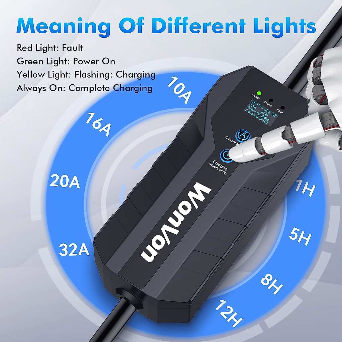 WonVon 32 Amp Level 2 EV Charger,23 Ft Portable Charger with NEMA 14-50P 240V J1772 Charging Cable, Adjustable&Smart Timing Charging in EV Charging Station.