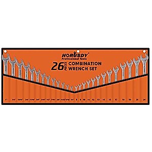 HORUSDY 26-Piece Wrench Set | Combination Wrench Set with Roll-up Pouch | SAE 1/4” - 1” and Metric 8mm - 24mm Wrench Set Metric and Standard
