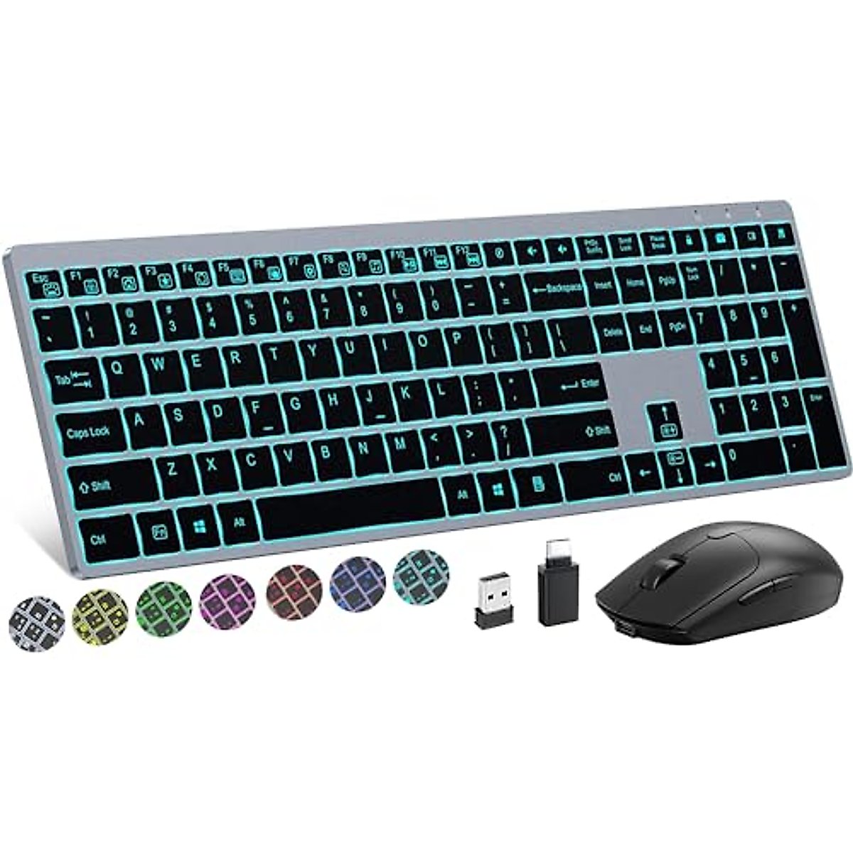 Wireless Keyboard and Mouse Combo Rechargeable, Full Size Wireless Keyboard with Backlit, 2.4G Silent USB Wireless Keyboard Mouse Combo [with USB C Adapter] for Windows, Mac OS Desktop/Laptop/PC